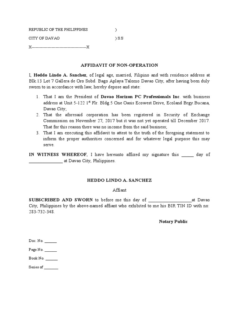 Affidavit of Non Operation | PDF