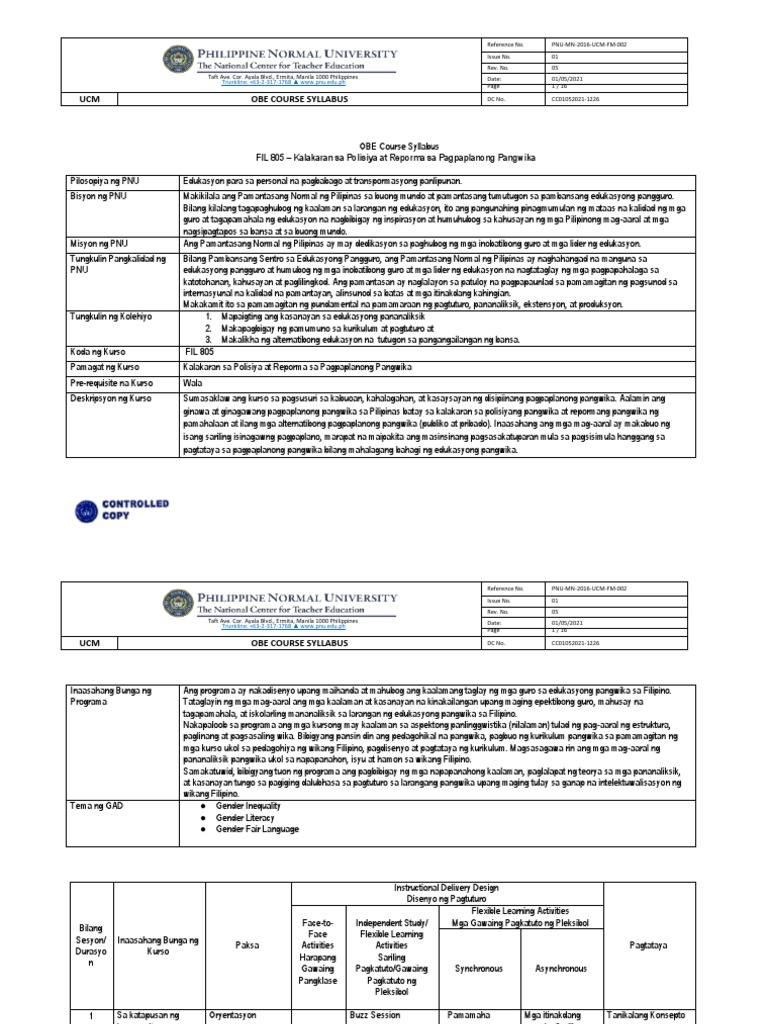 FIL 805 - Kalakaran Sa Polisiya at Reporma Sa Pagpaplanong Pangwika | PDF