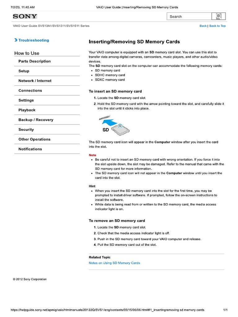 VAIO User Guide _ Inserting_Removing SD Memory Cards | PDF