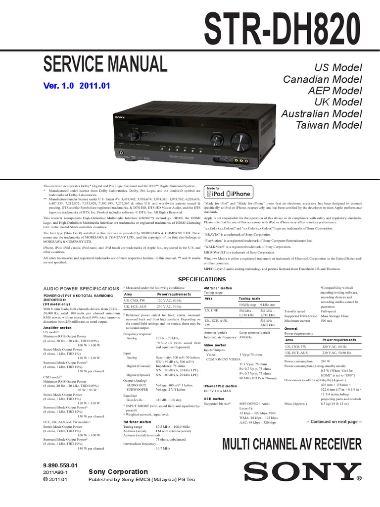 Sony Str-dh820 Ver.1.0 | PDF | I Pod | Hdmi