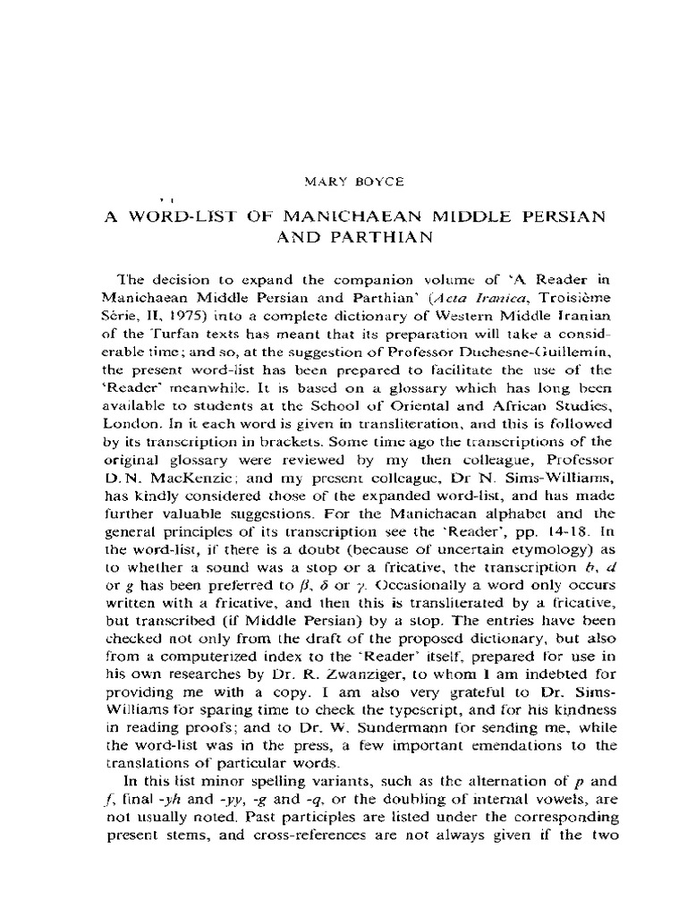 A Word-List of Manichean Middle Persian by Mary Boyce | PDF