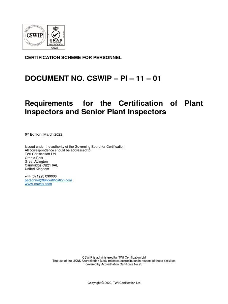 CSWIP PI 11 01 Plant Inspectors 6th Edition March 2022 | PDF ...