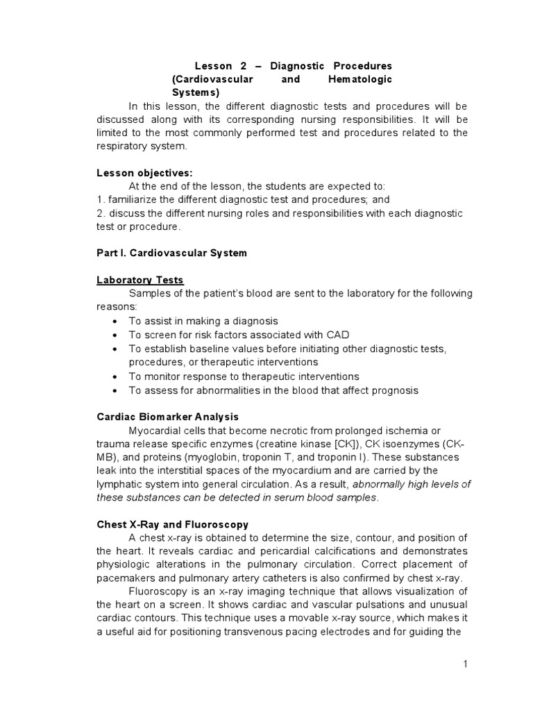 Lesson 2 - Diagnostic Procedures (Cardiovascular and Hematologic Systems) | PDF