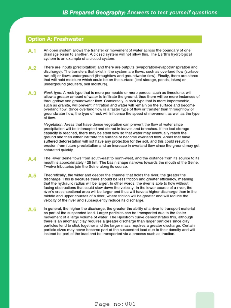 IB Diploma Geography Option A Freshwater Test-Yourself-Answers | PDF