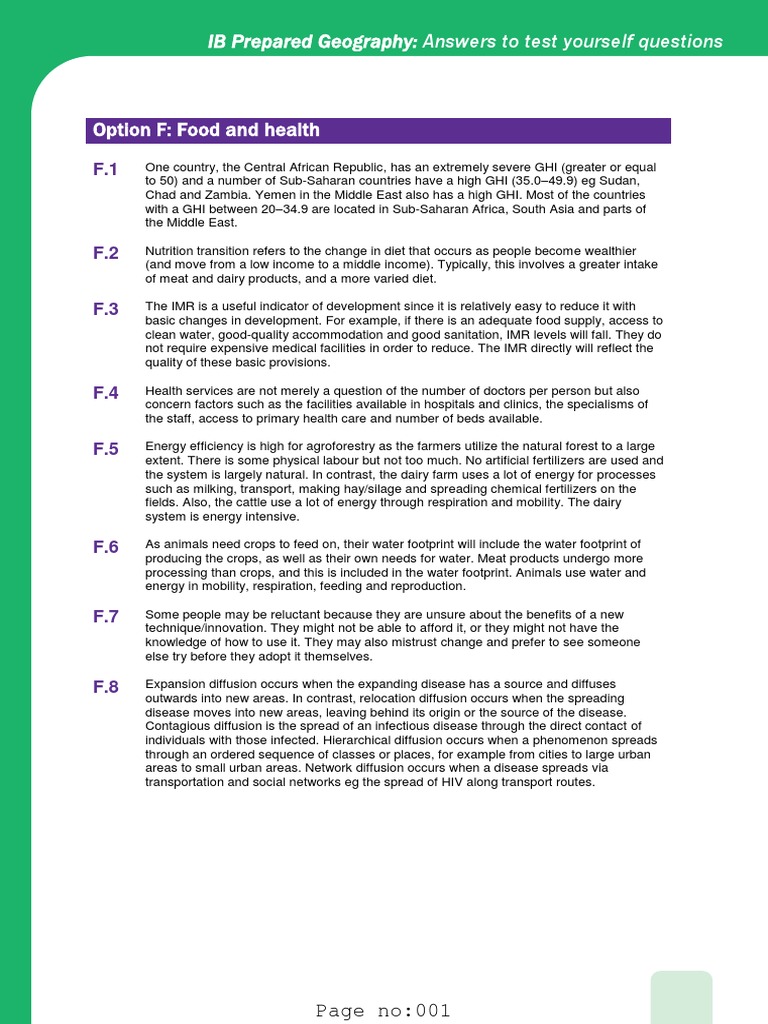 IB Diploma Geography Option F Food and Health Test-yourself-Answers | PDF