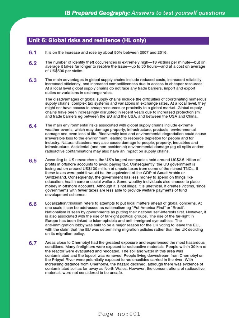 IB Diploma Geography Unit 6 Global Risks and Resilience (HL Only) Test ...
