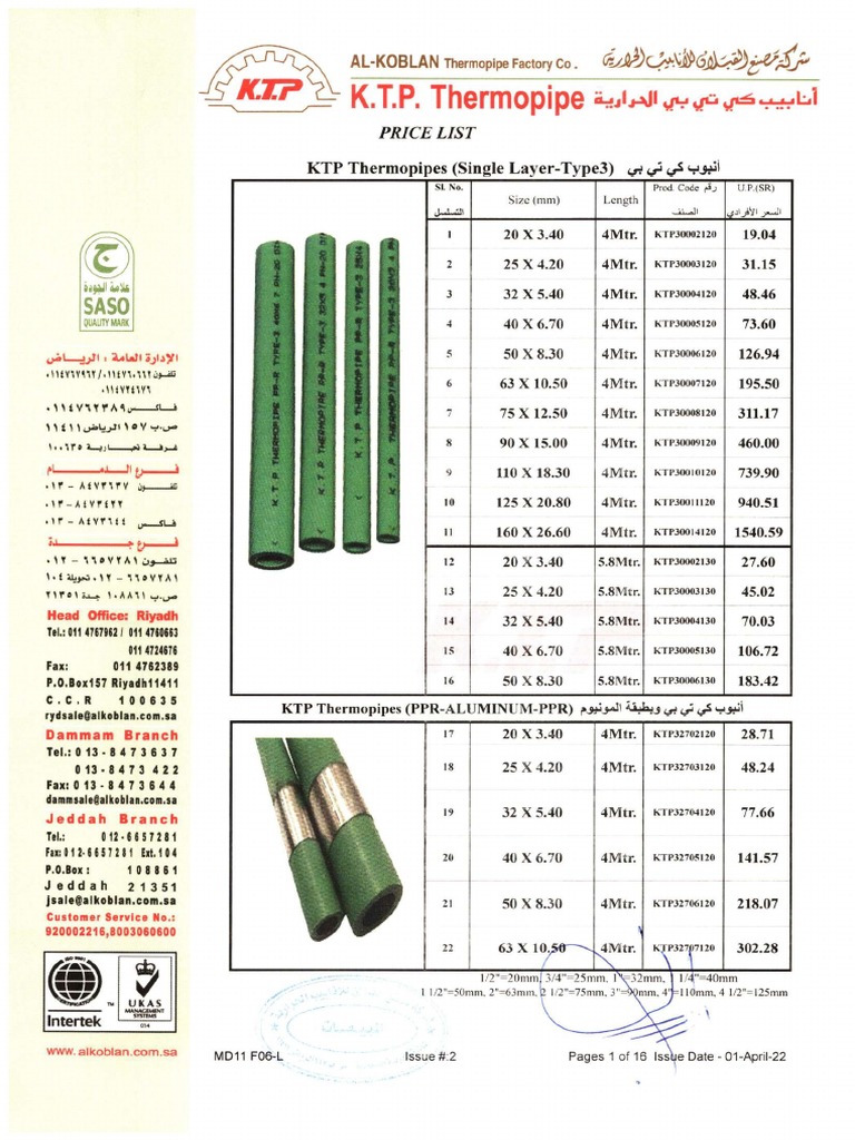KTP Thermopipe Price List | PDF