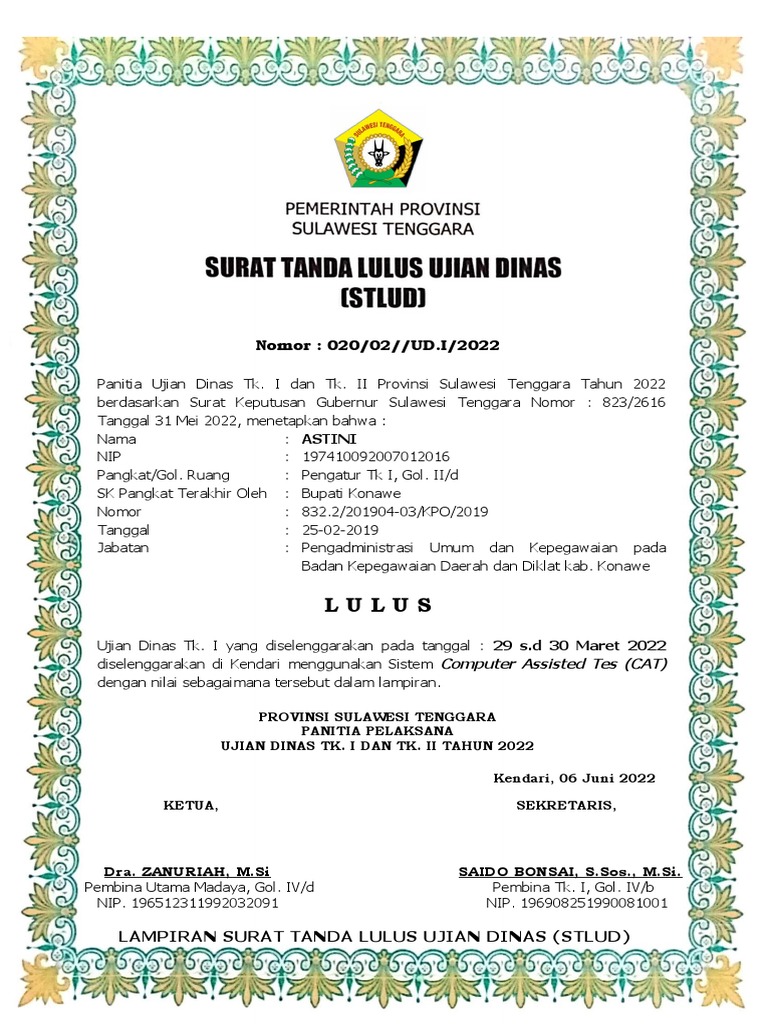 Surat Tanda Lulus Ujian Dinas 2022 | PDF