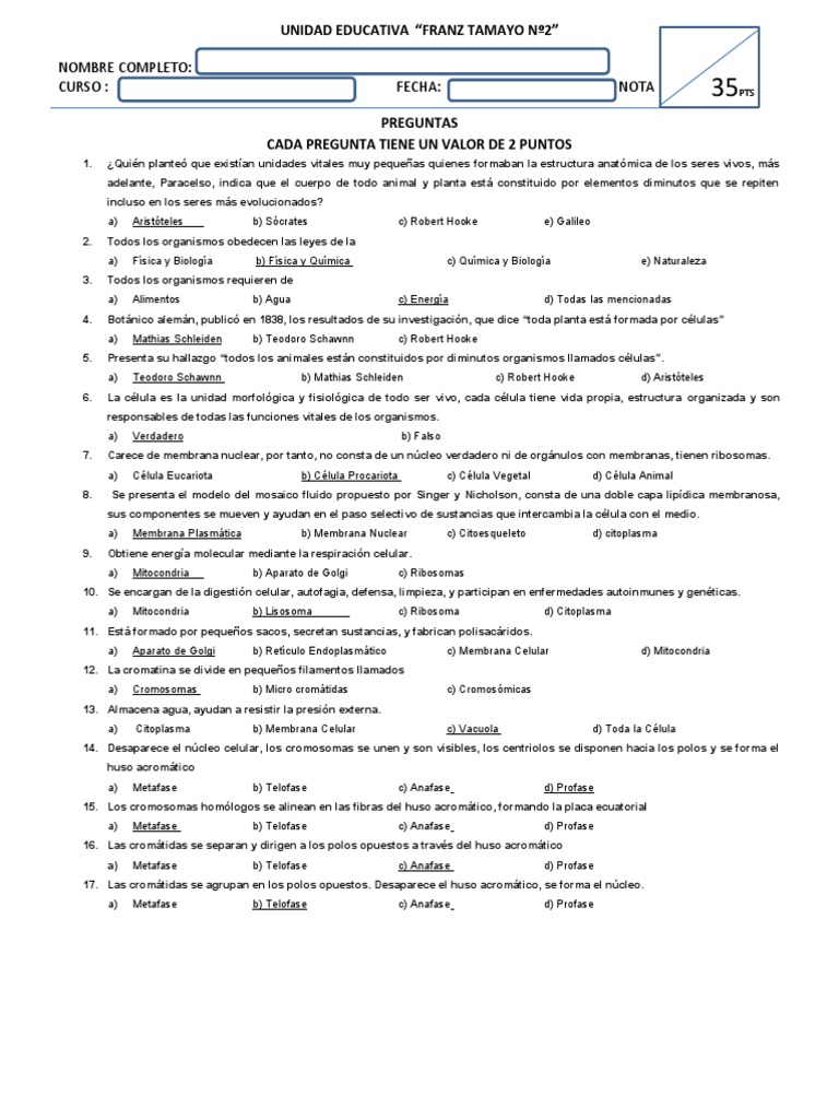 Evaluacion 1ro Celula | PDF | Biología Celular) | Citoplasma