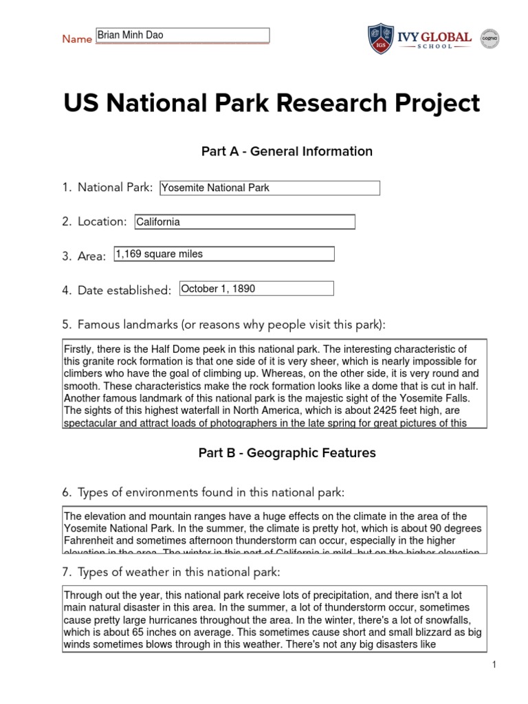 (Fillable Worksheet) US National Park Research Project | PDF | Home ...