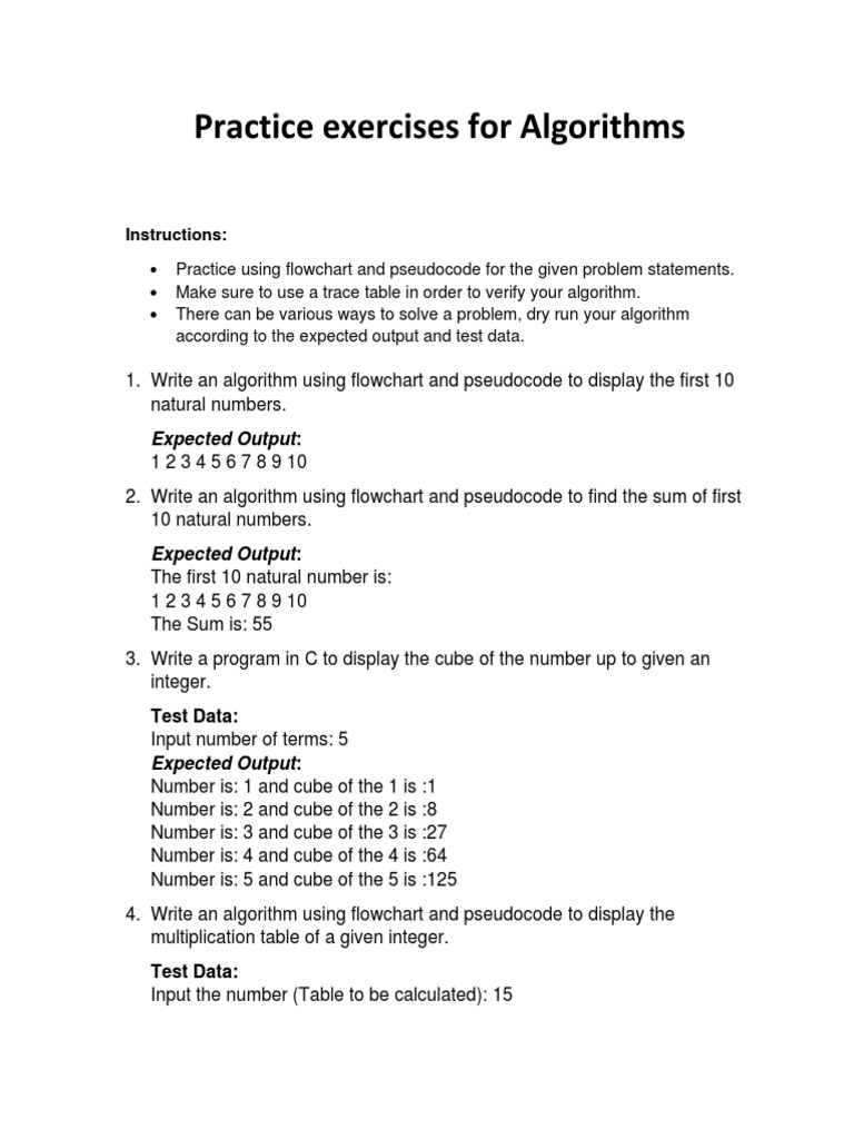 Practice Exercises For Algorithms | PDF
