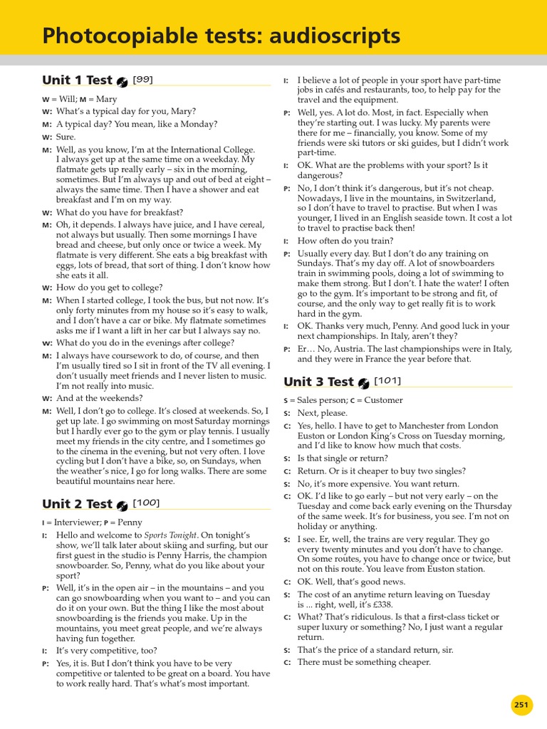 Pre-Intermediate Unit Tests Audioscript | PDF