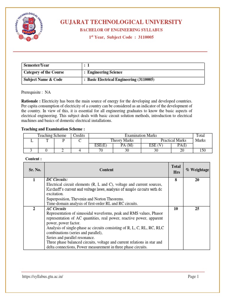 Basic Electrical Engineering Syllabus | PDF | Science & Mathematics