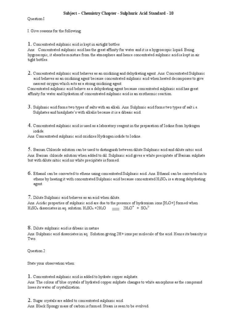 Notes On Chapter Sulphuric Acid Pdf