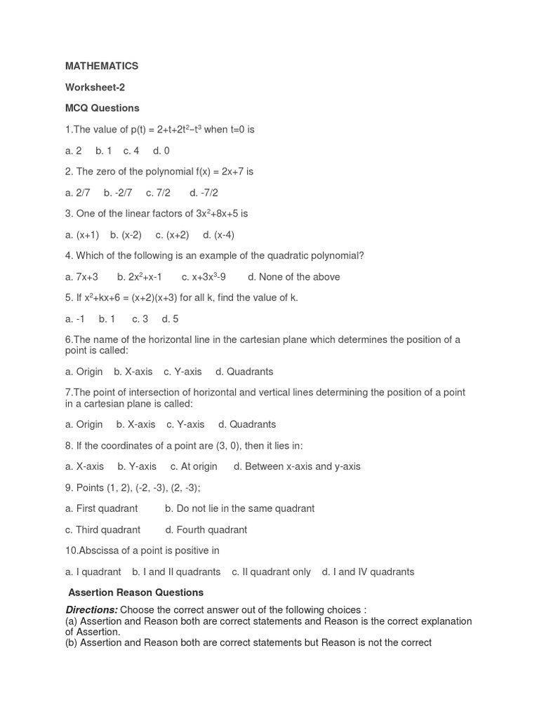Mathematics Worksheet-2 MCQ Questions | PDF