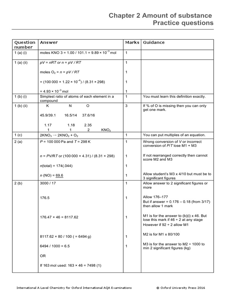AQA - IAL - Chem CH2 Practice Question Answers | Download Free PDF | Mole (Unit) | Chemical ...