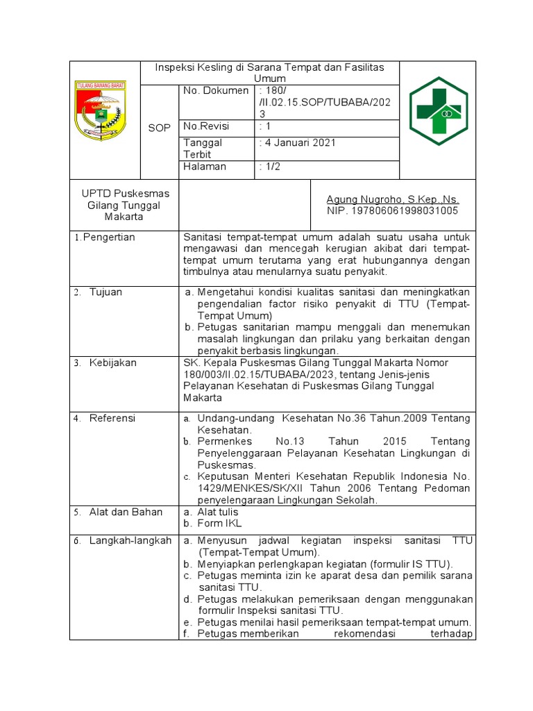SOP Inspeksi Kesling Di Sarana Tempat Dan Fasilitas Umum | PDF