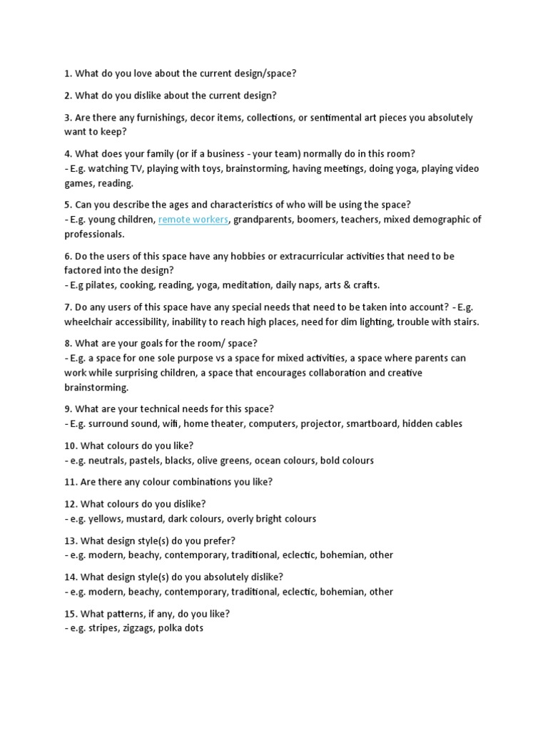 Residential Interior Design Questionnaire | PDF | Career & Growth ...