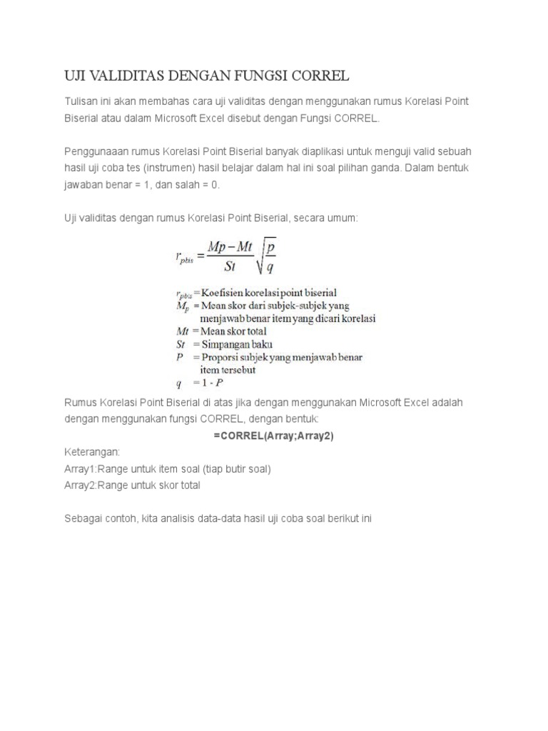 Uji Validitas Dengan Fungsi Correl | PDF