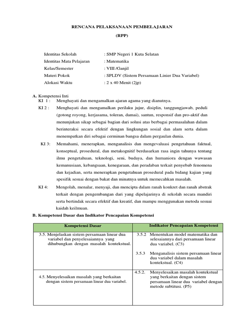 Rencana Pelaksanaan Pembelajaran (RPP) : 4.5. Persamaan Linear Dua Variabel | PDF