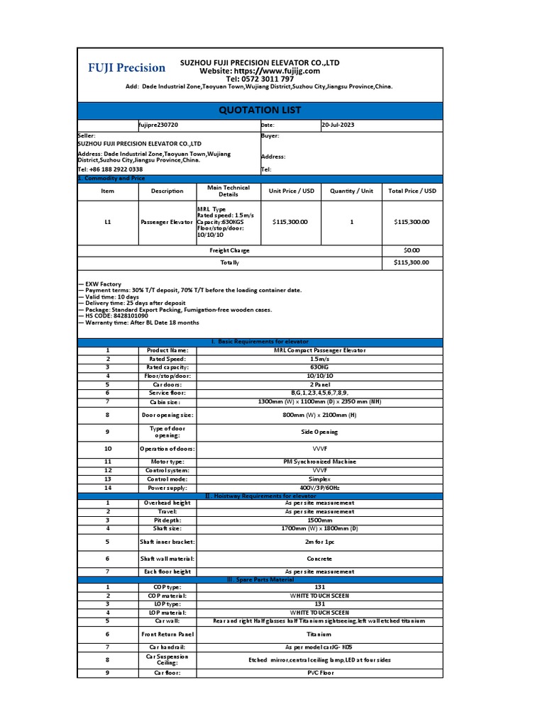 Quotation Elevator 630kg | PDF