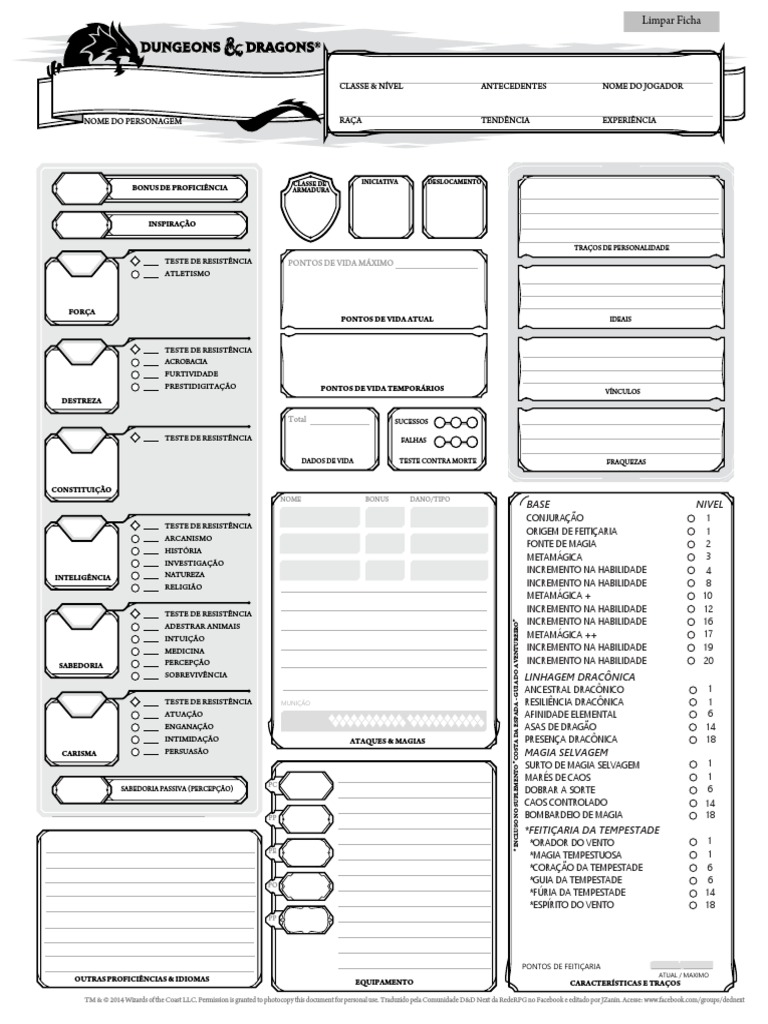 D&D 5E - Ficha de Feiticeiro | PDF