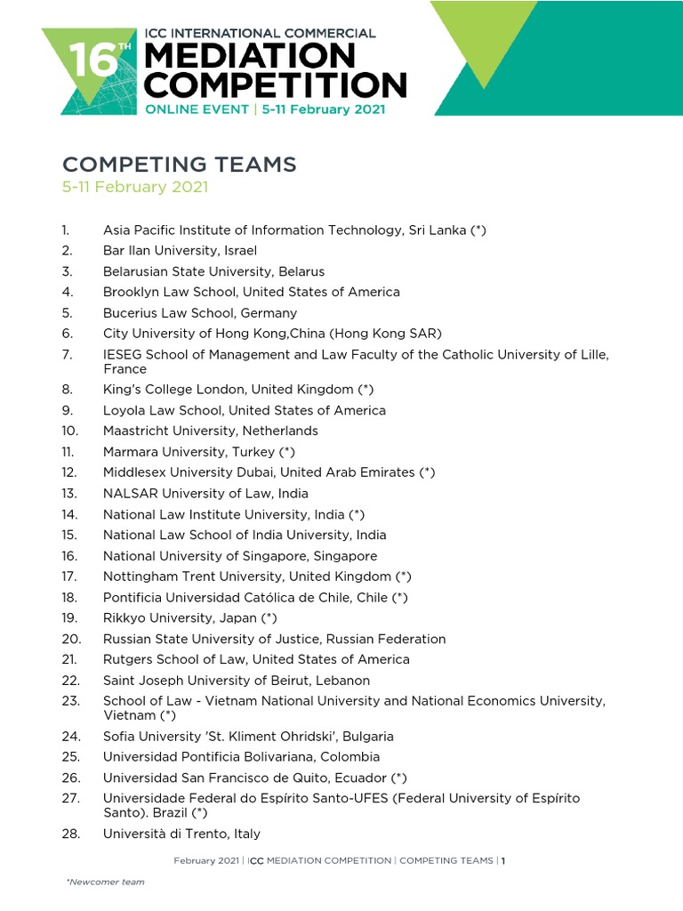 2021 ICC Mediation Competition Competing Teams | PDF