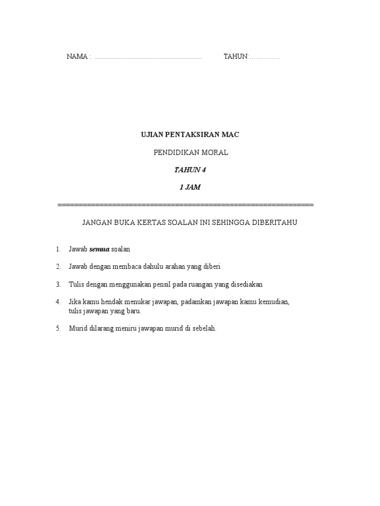 Soalan Pendidikan Moral Tahun 4 Ujian MAC 2020 | PDF