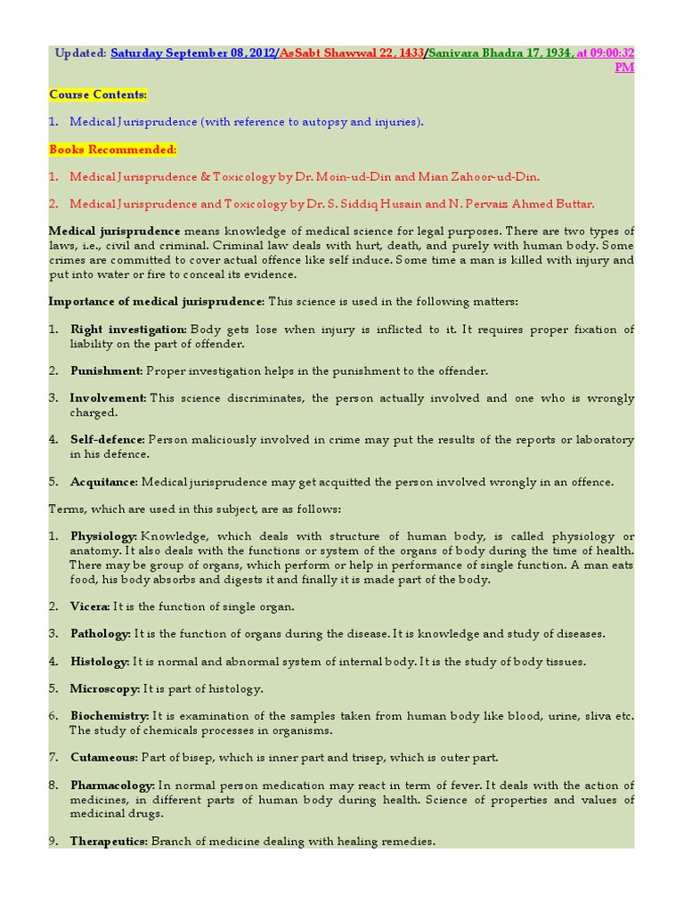 Medical Jurisprudence Notes | PDF | Autopsy | Coroner