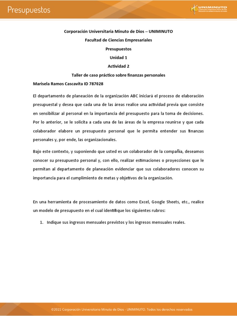 Uni1 - Act2 - PRESUPUESTO | PDF | Presupuesto | Ahorro