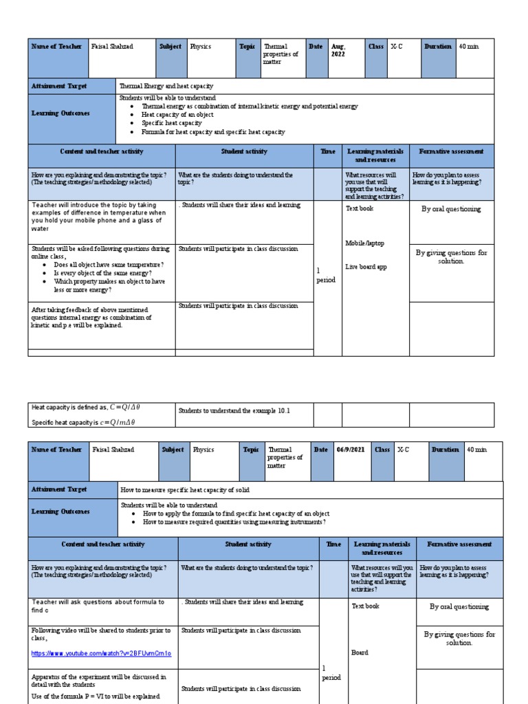 Thermal Properties of Matter Lesson Plan | PDF | Heat | Latent Heat