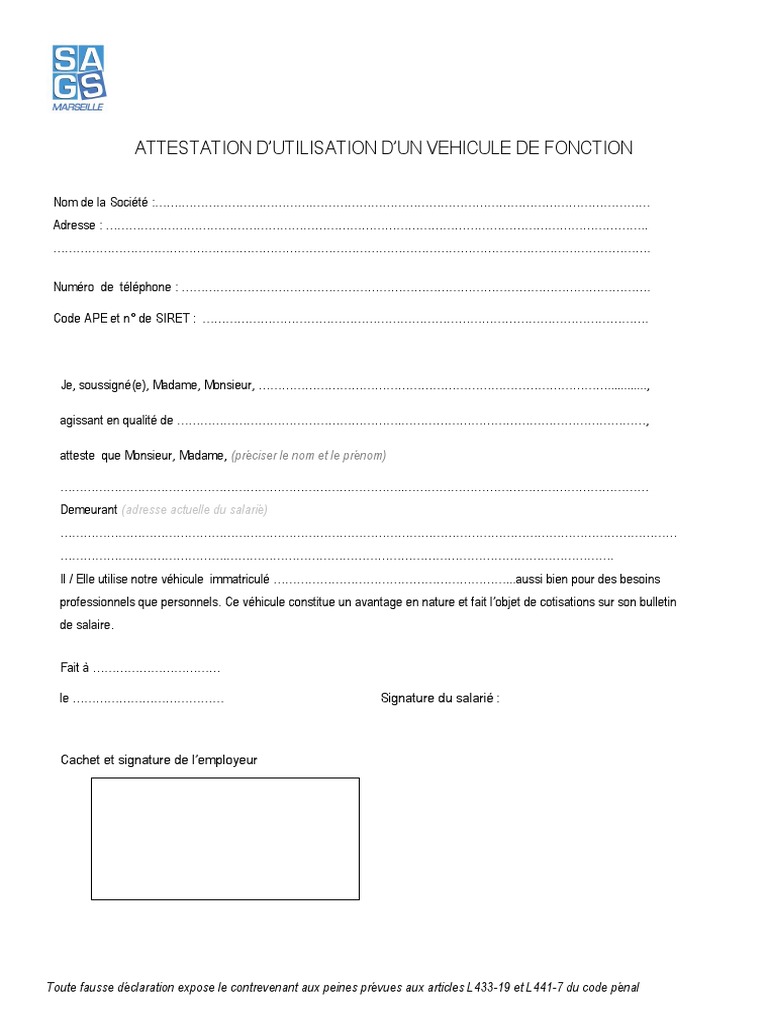 Attestation Vehicule de Fonction | PDF