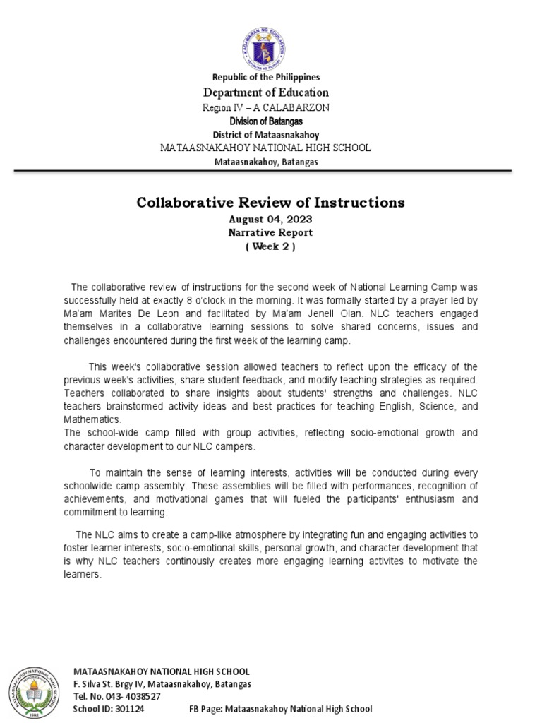 NLC Collaborative Review Narrative Week 2 | PDF | Teachers | Teaching
