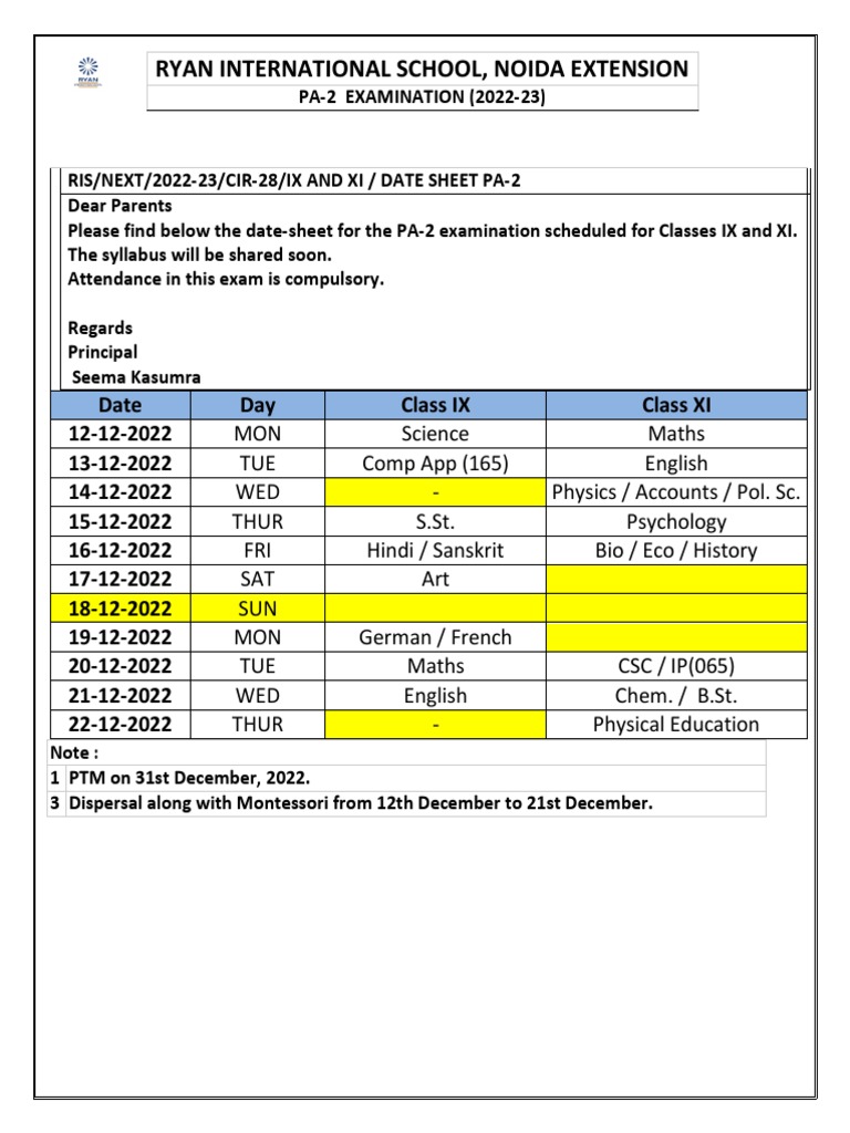 Class Ix and Xi Pa 2 Date-Sheet 2023-24 | PDF