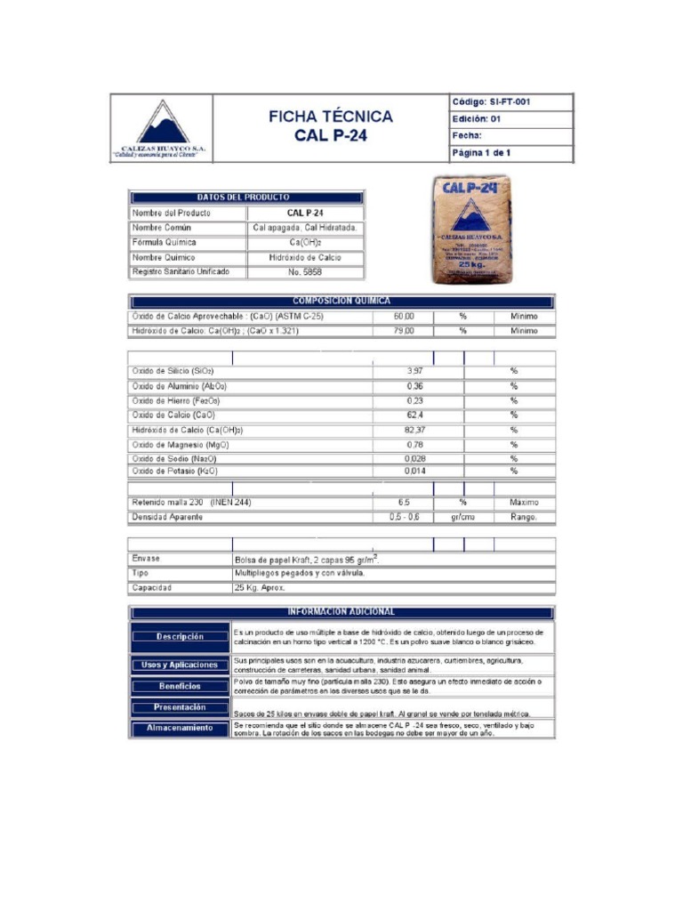 Ficha Técnica Ca (OH) 2 | PDF