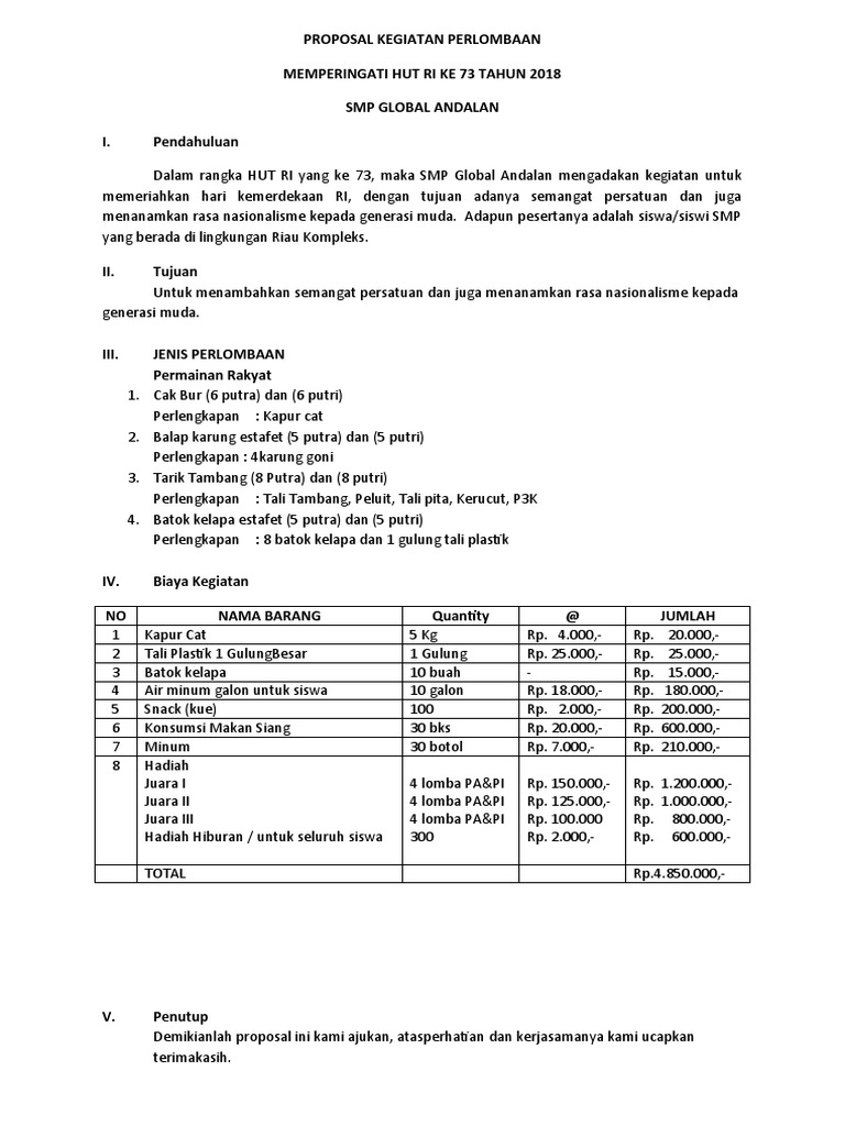 Proposal Hut Ri - SMP Global Andalan | PDF