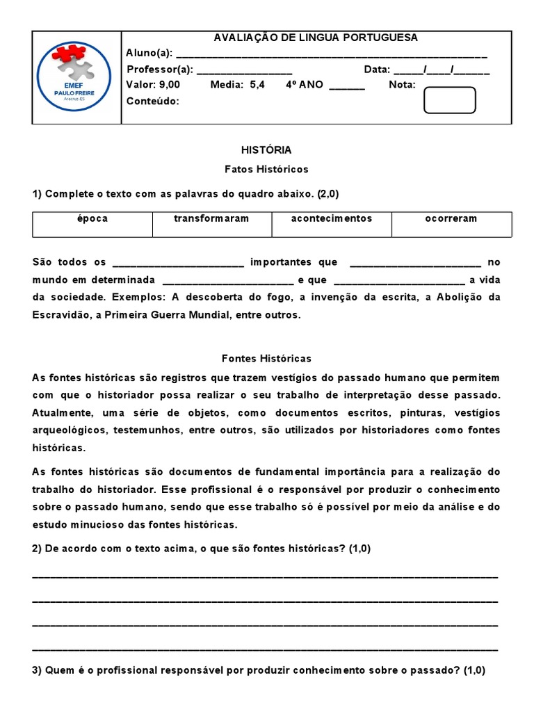 Prova de História e Geografia 4º Ano - AV1 | PDF