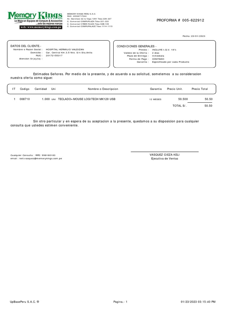 PROFORMA # 005-622912: RUC: 20506717044 Memory Kings Peru S.A.C | PDF