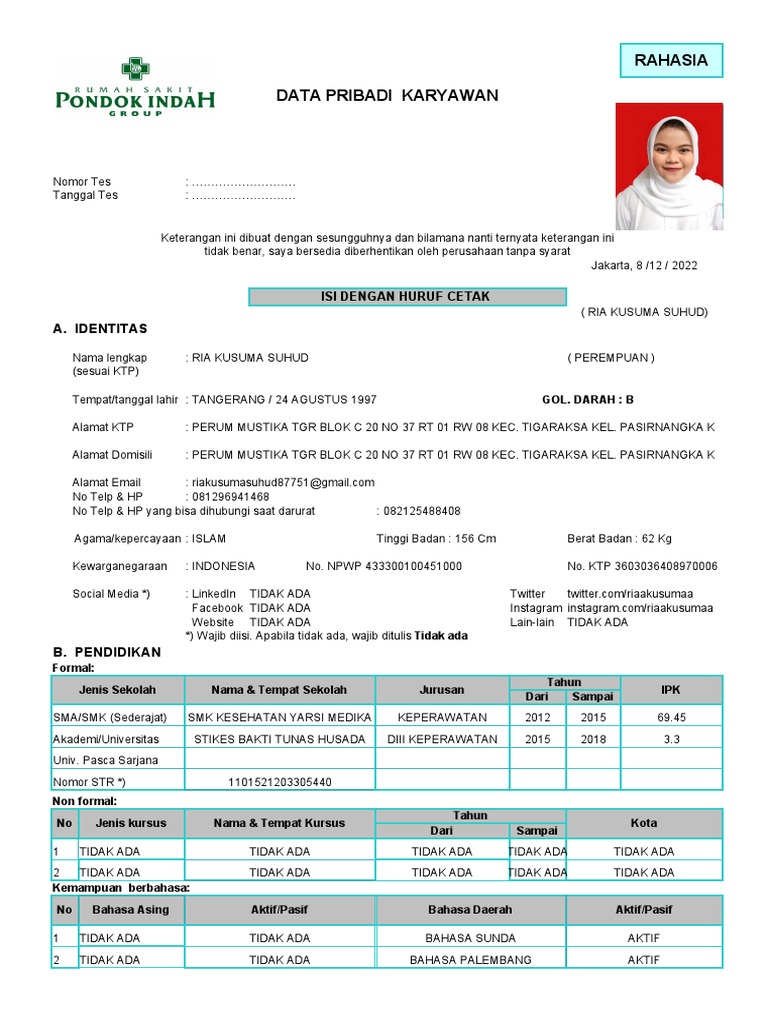 Form Biodata Karyawan RSPI Ria Kusuma Suhud | PDF