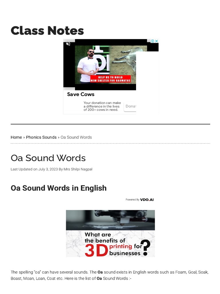 Oa Sound Words - Phonics Sounds | PDF