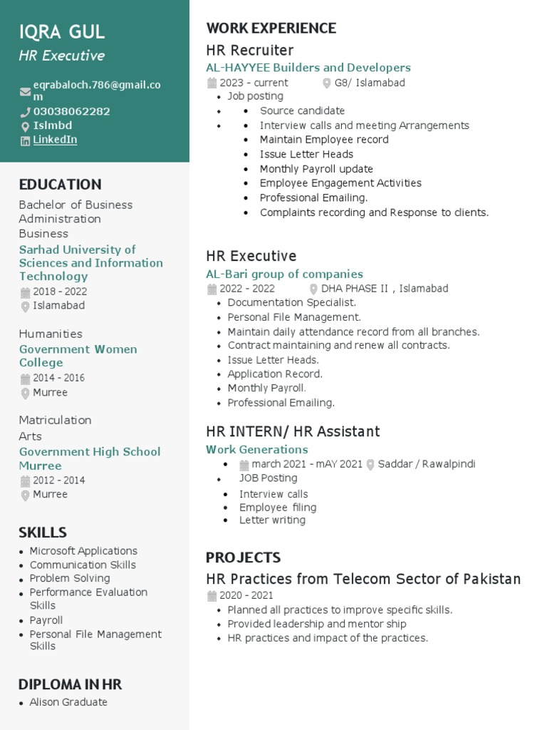 HR Executive Resume of Iqra Gul | PDF