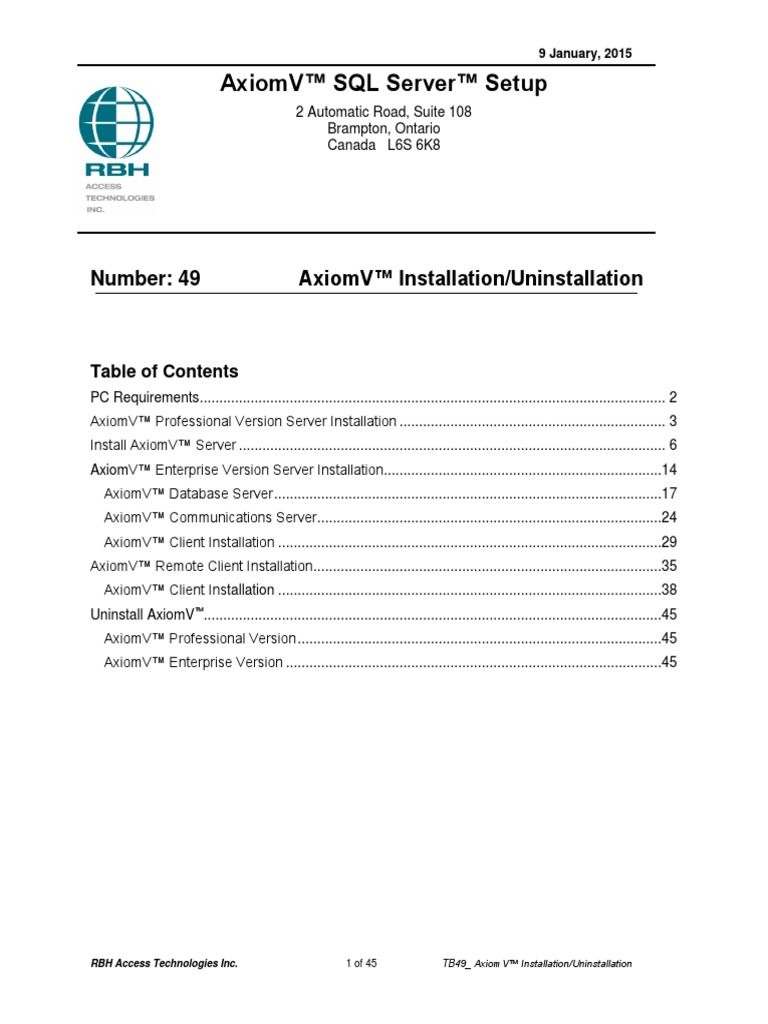 TB49 AxiomV Install-Uninstall | PDF | Installation (Computer Programs) | Microsoft Sql Server