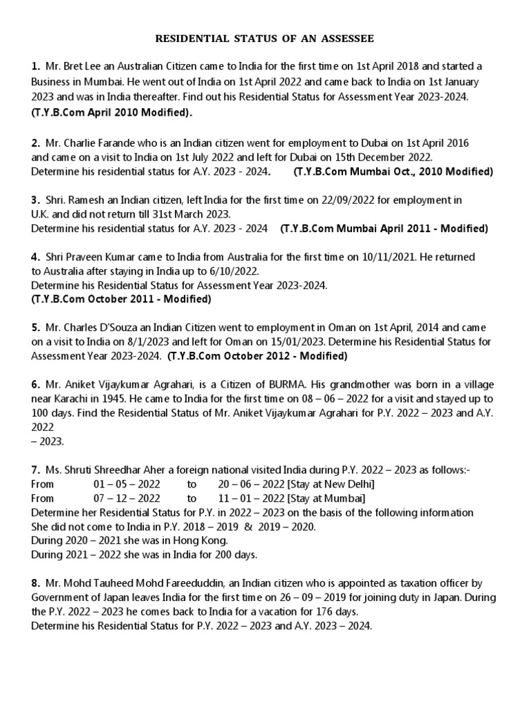 RESIDENTIAL STATUS OF AN ASSESSEE Problems | PDF
