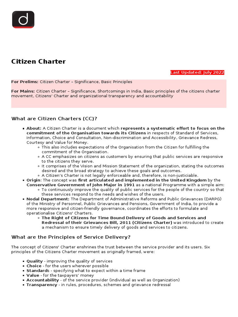 Citizen Charter: What Are Citizen Charters (CC) ? | PDF | Governance ...