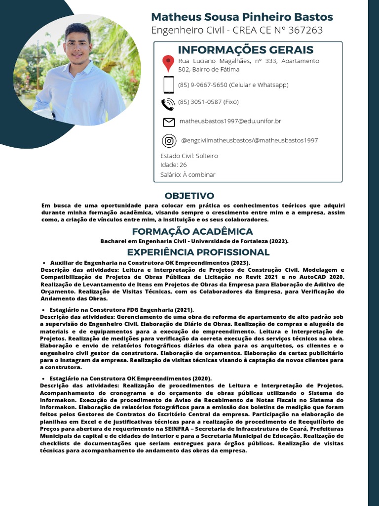Versão Atualizada Currículo Engenheiro Civil Matheus Sousa Pinheiro Bastos | PDF