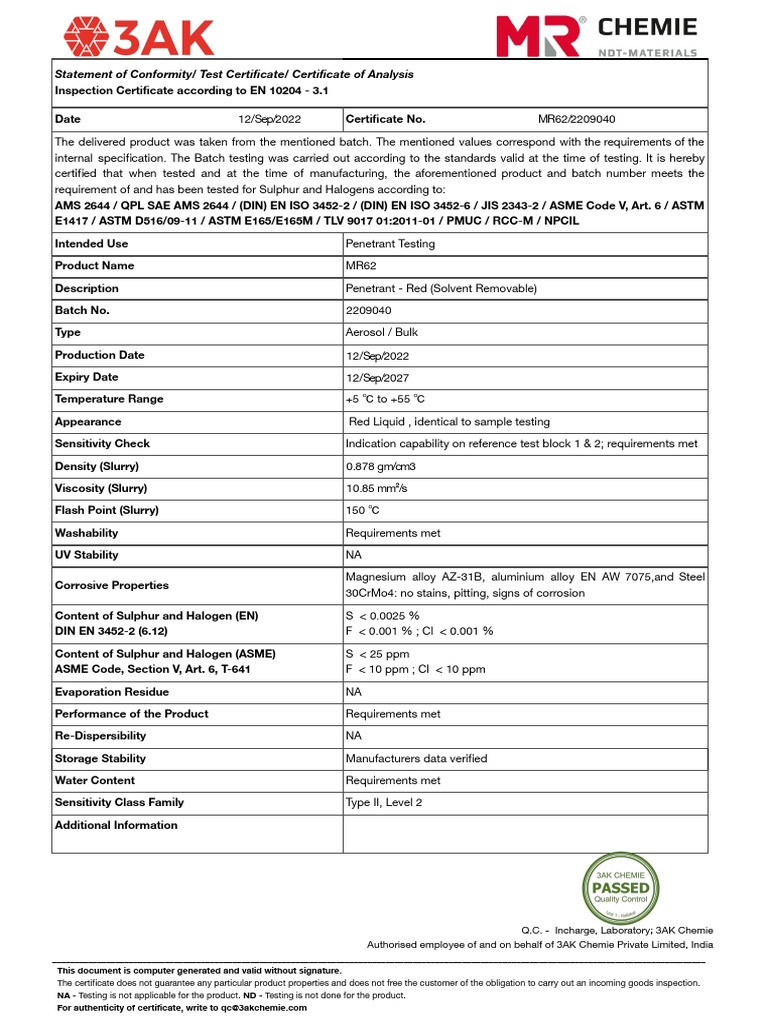 MR62 Penetrant Test Certificate | PDF | Corrosion | Building Engineering