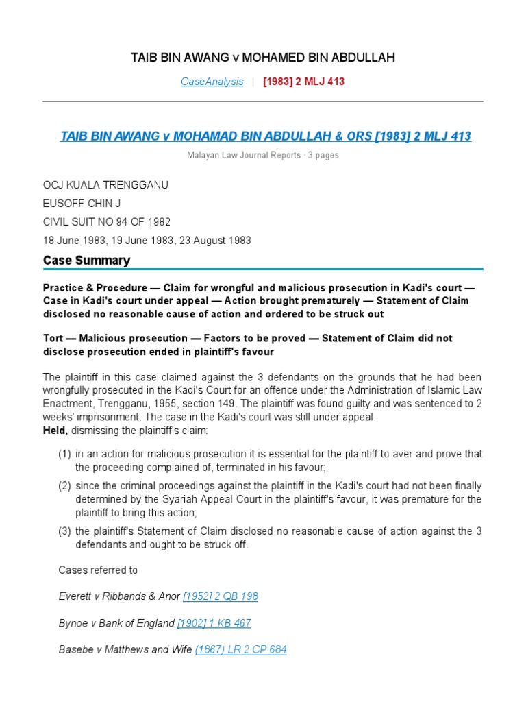TAIB BIN AWANG V MOHAMAD BIN ABDULLAH & ORS, (1983) 2 M | PDF ...