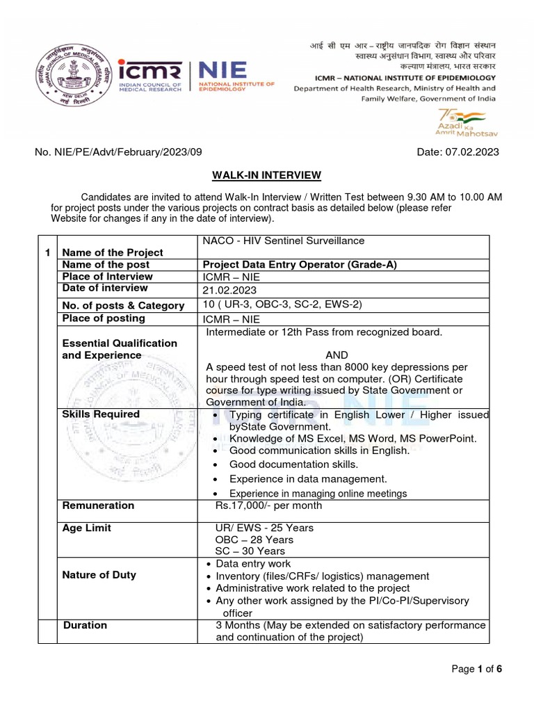 NIE Chennai Project Data Entry Operator Posts Notification Application ...