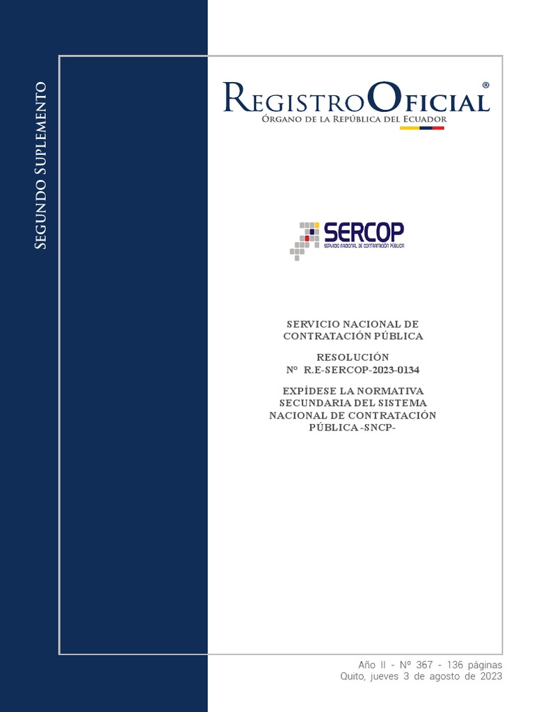 Registro Oficial Re-Sercop-2023-0134 31-07-2023 Ro 367 SS 03-08-2023 | PDF