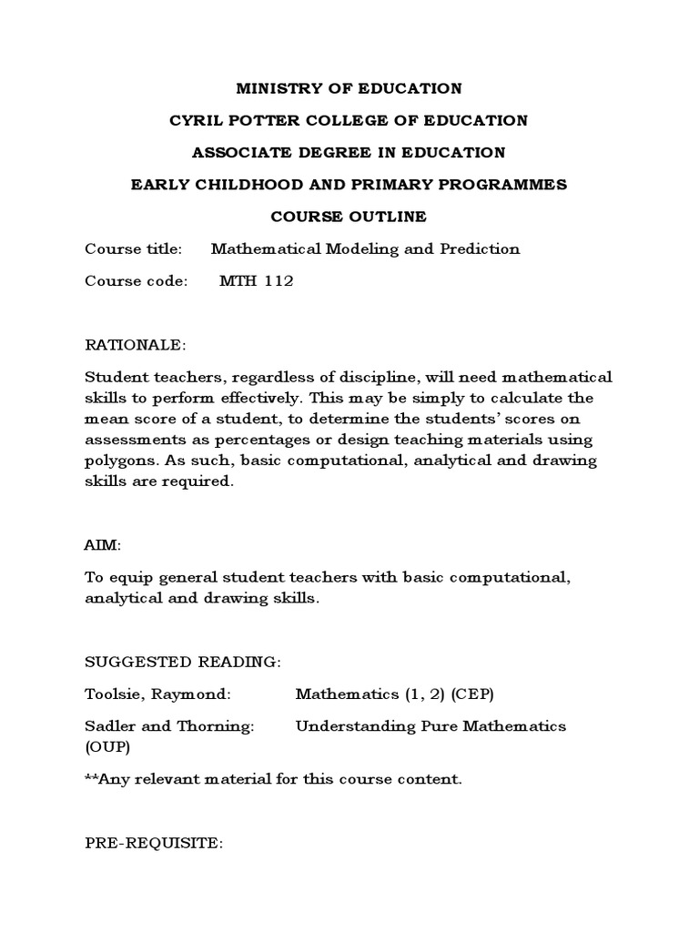 MTH 112 MMP Course Outline EC and Primary1-Revised | PDF